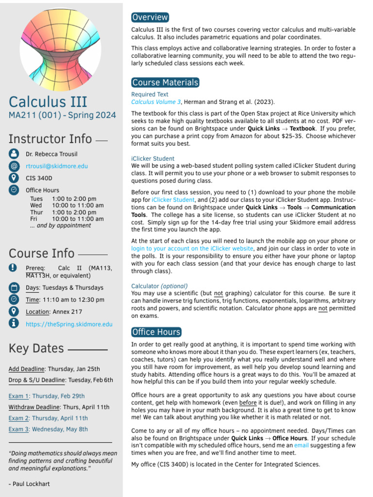 MA211 Syllabus Spring2024 | PDF | Homework | Mathematics