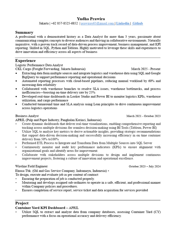 Business Data Analyst - Yudha Prawira | PDF | Logistics | Performance ...