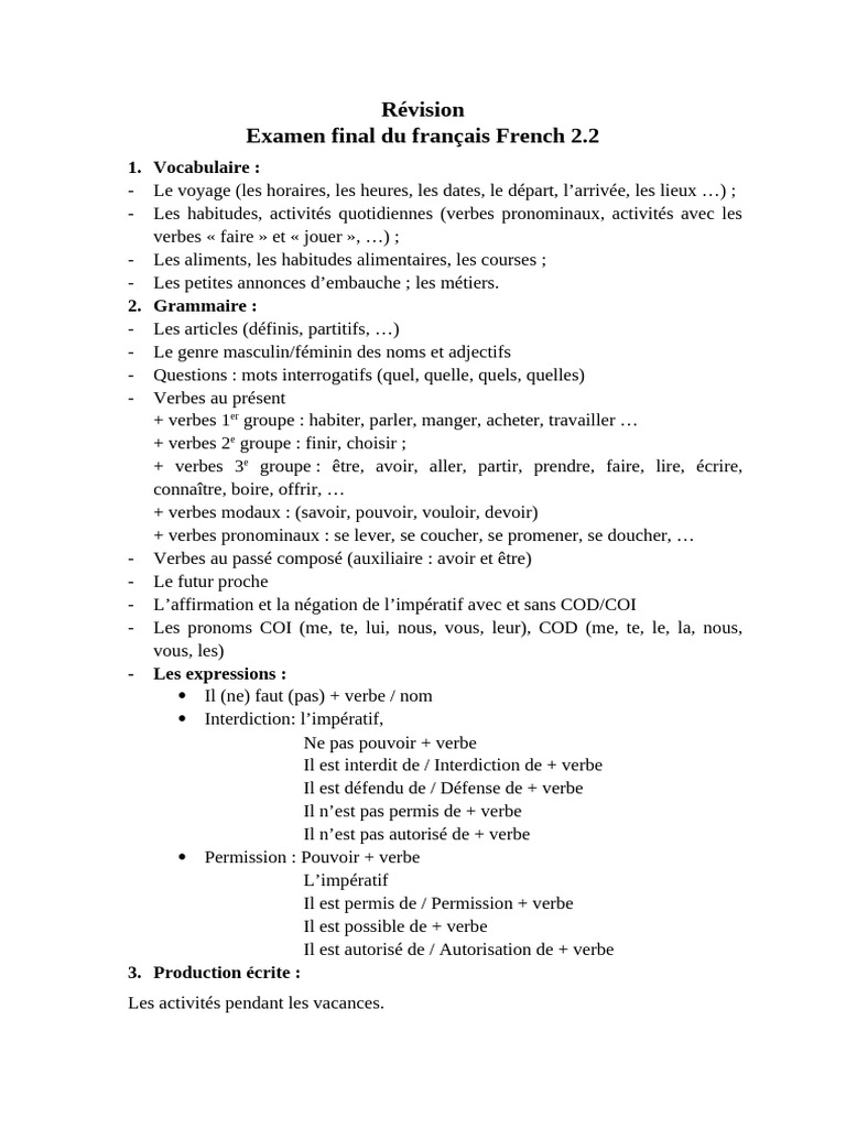 Révision Examen Final Français 2.2 | PDF