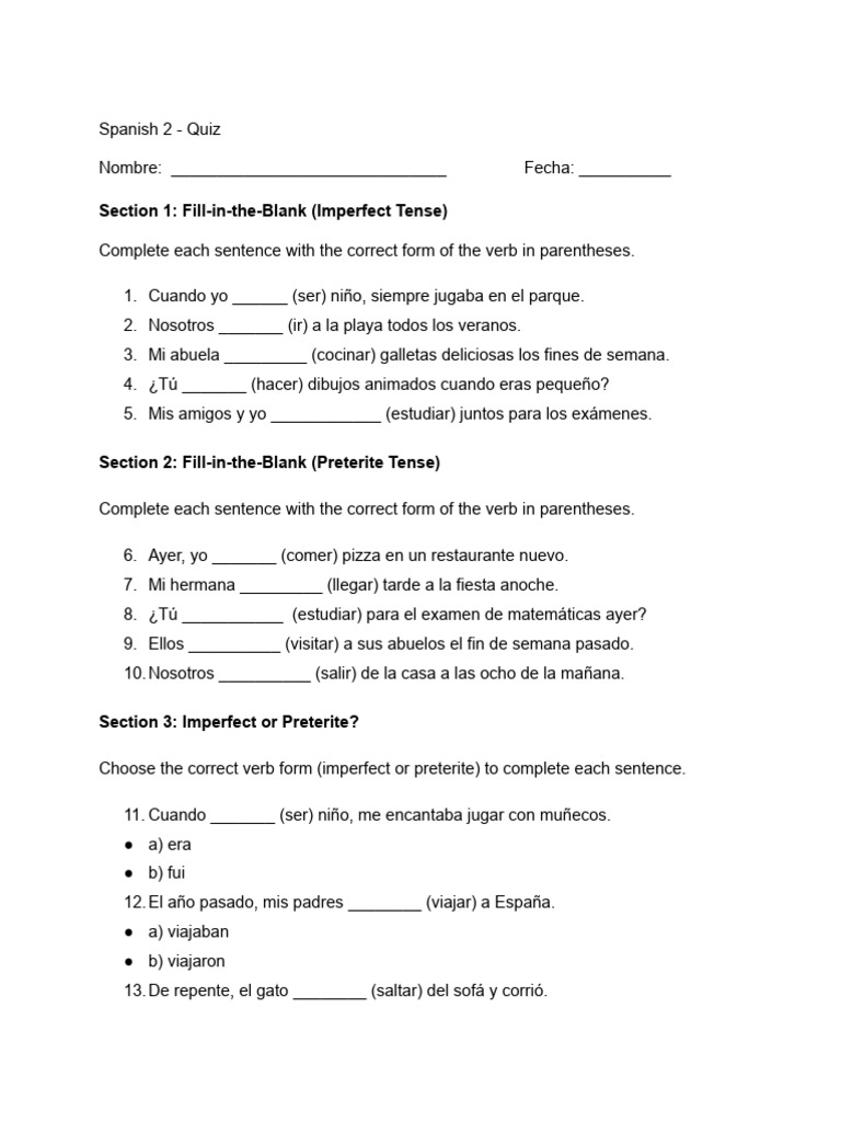 Spanish 2 - Quiz | PDF