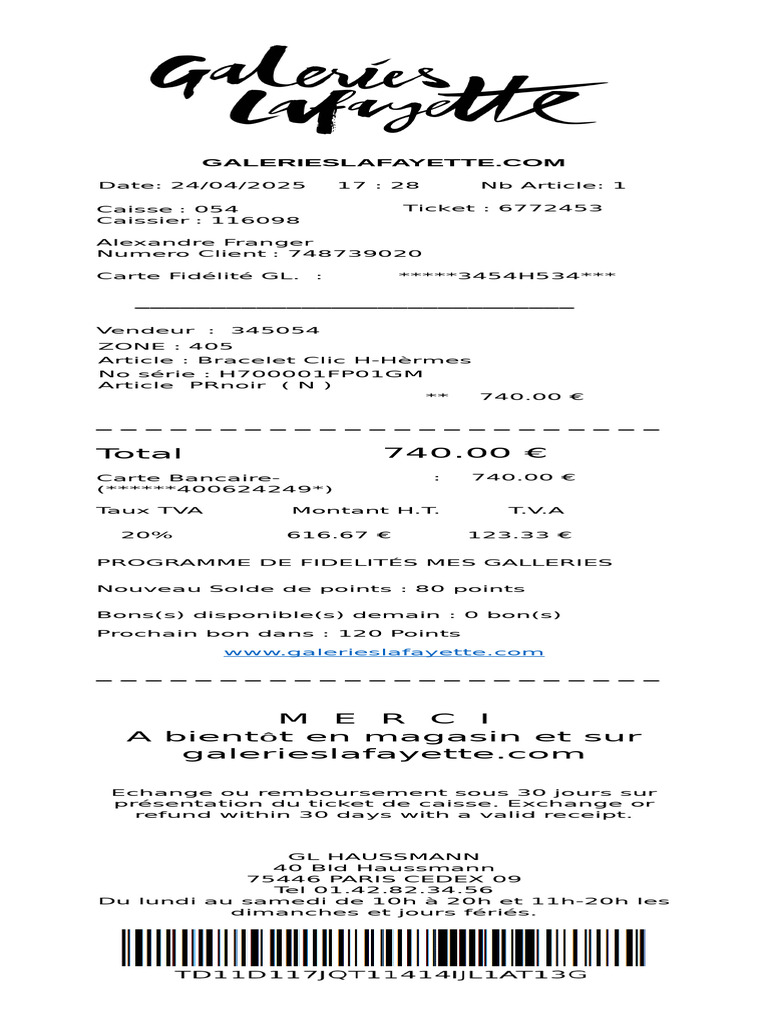 Ticket d'achat Galeries Lafayette | PDF