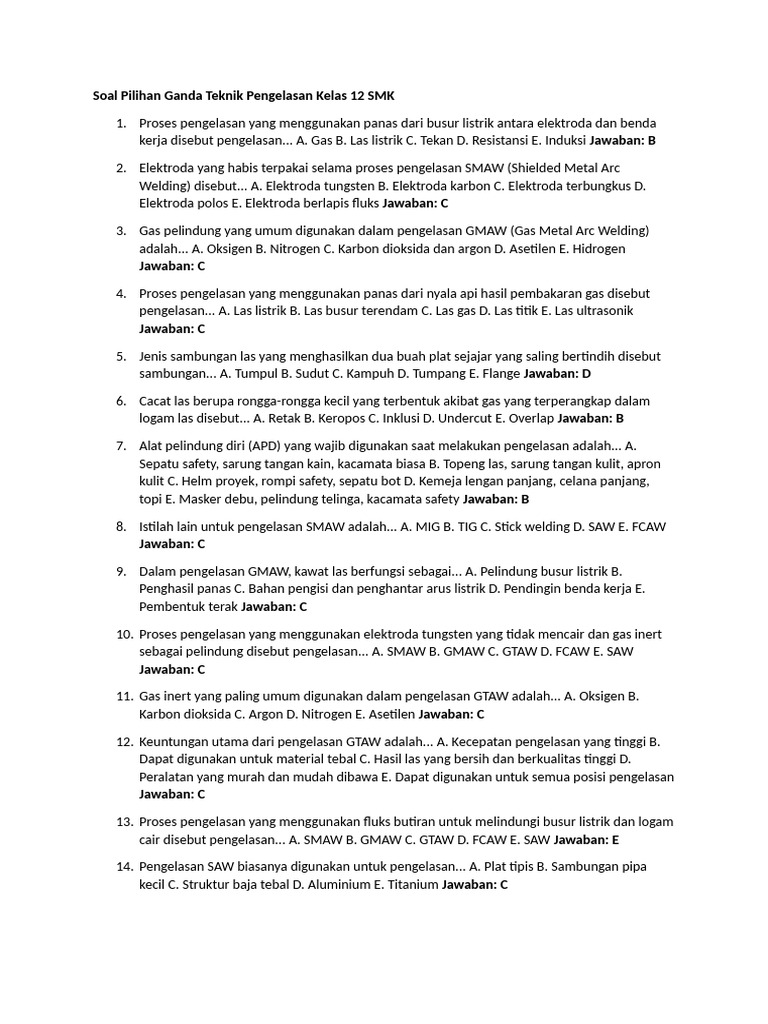 Soal dan jawabanPilihan Ganda Teknik Pengelasan Kelas 12 SM1 | PDF