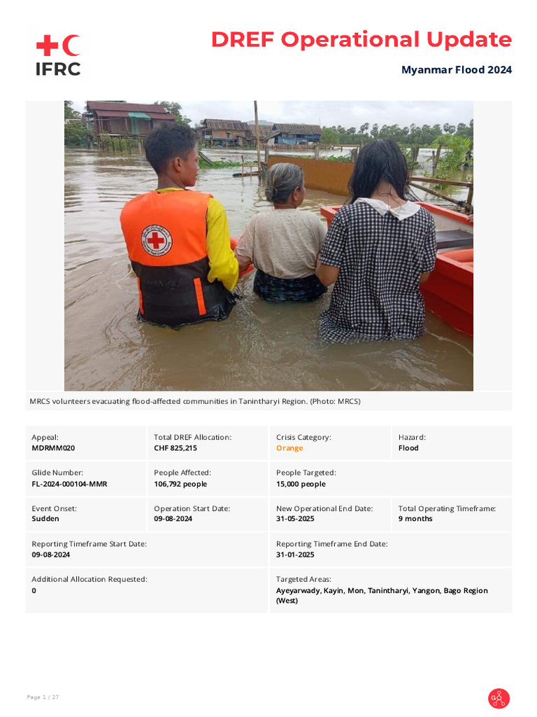 Report DREF Operation - Myanmar Flood 2024 IFRC Jan2025 | PDF | Food Security | Wash