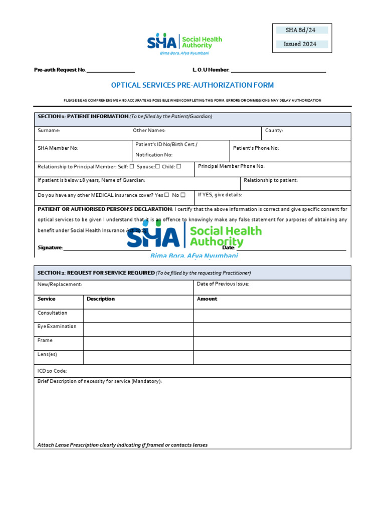Optical Services Pre-Authorization Form | PDF | Common Law