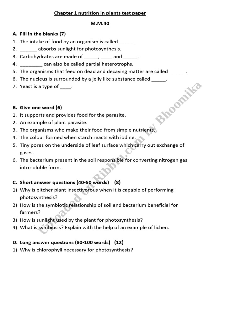 Class 7 Science Test Paper On Chapter 1 Nutrition in Plants | PDF ...