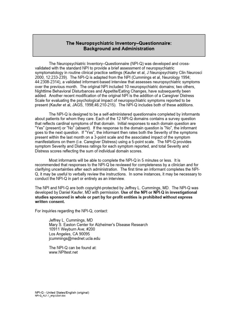 NPI-Q AU1.1 Eng-USori Review | PDF | Neuropsychiatry | Caregiver
