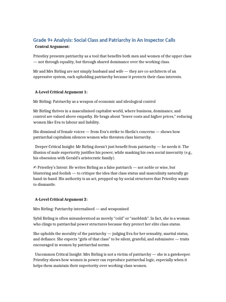 Social Class and Patriarchy in An Inspector Calls | PDF | Patriarchy ...