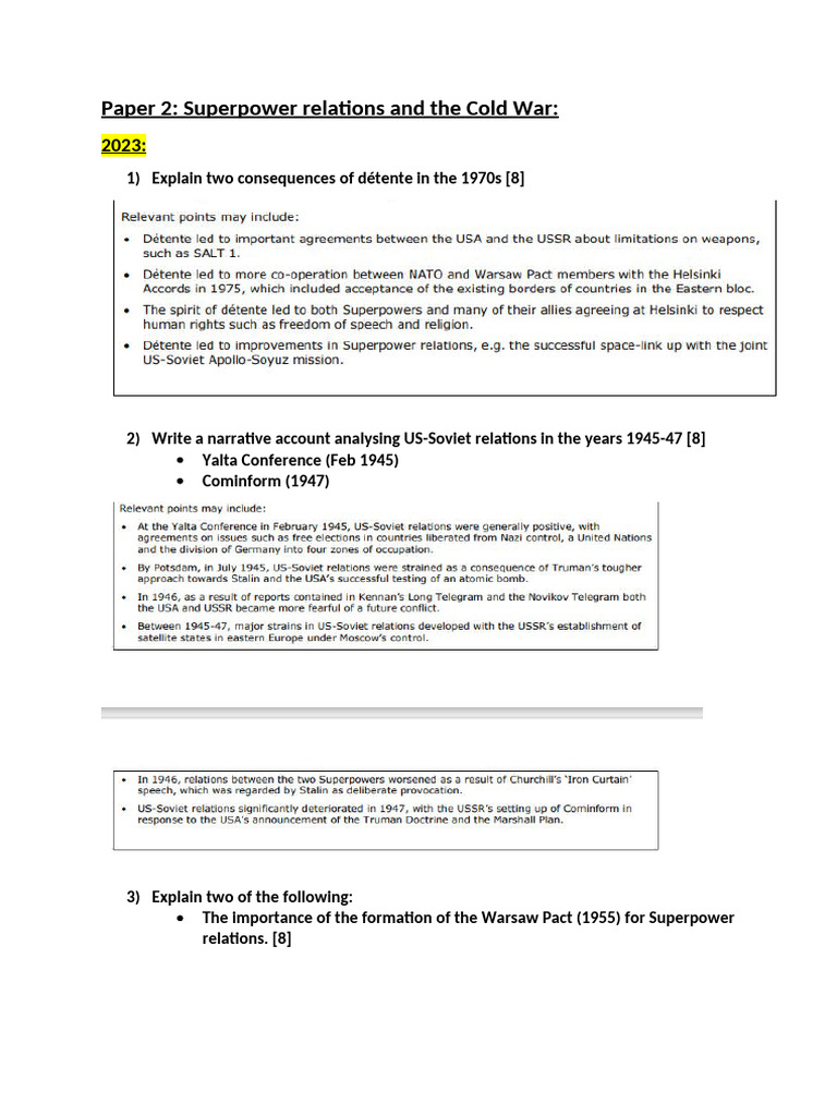 Paper 2 - COLD WAR Mark Scheme | PDF | Cold War | Foreign Policy