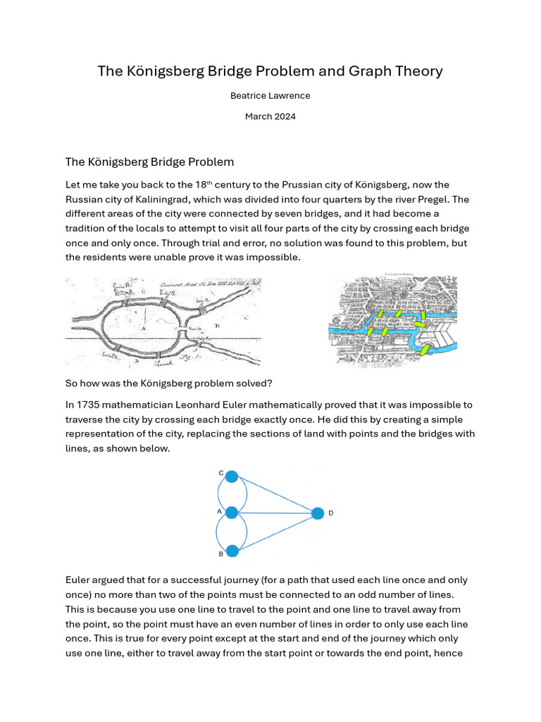 The Konigsberg Bridge Problem and Graph Theory 1 Beatrice Lawrence ...
