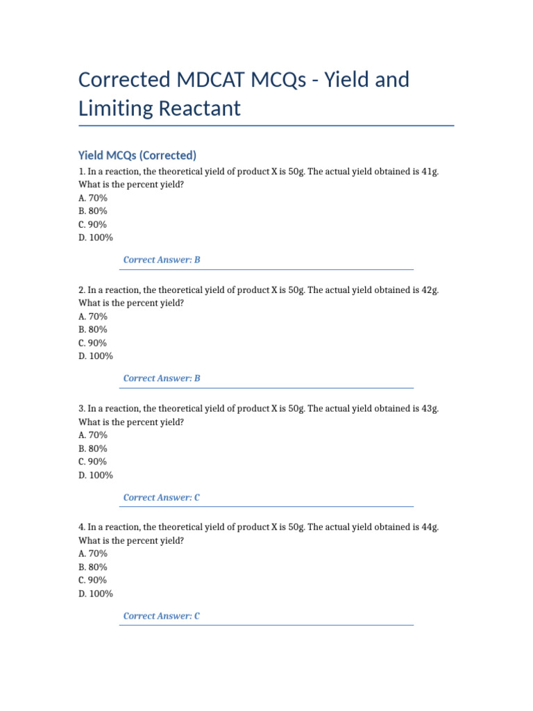 Percent Yield and Limiting Reactant MCQs | PDF | Chess Theory | Chess ...