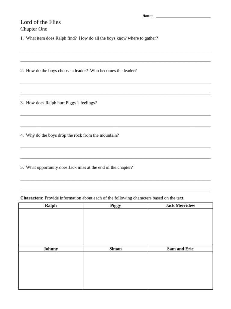 Lord of The Flies Chapter 1 Worksheet | PDF