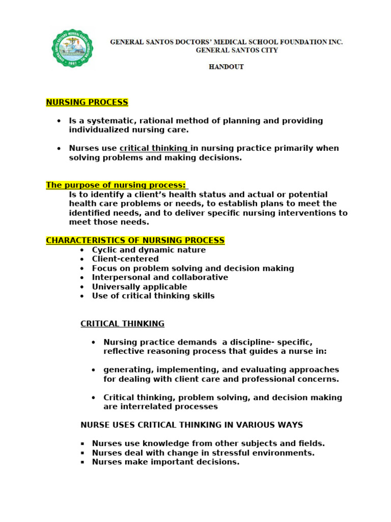 FundaHandout2 NURSINGPROCESS | PDF | Critical Thinking | Thought