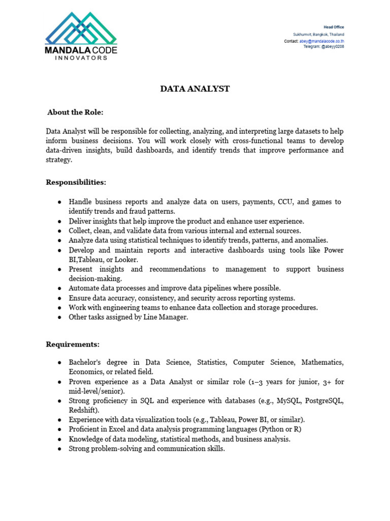 Job Description-Data Analyst-Mandala Code | PDF | Data | Data Analysis