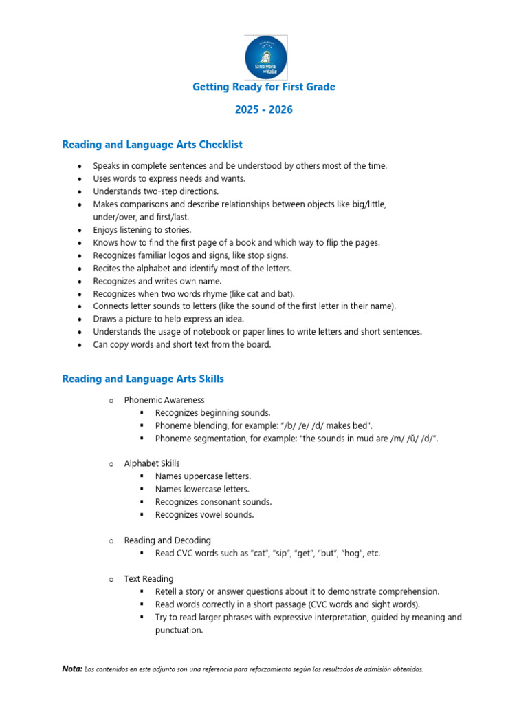Getting Ready For 1st Grade 2025 - 2026 | PDF | Word | Linguistics