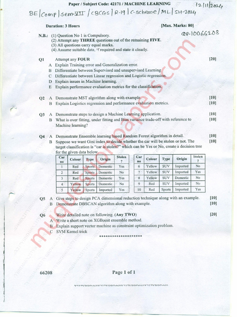 Be Computer Engineering Semester 7 2024 December Machine Learning Rev 2019 C Scheme | PDF