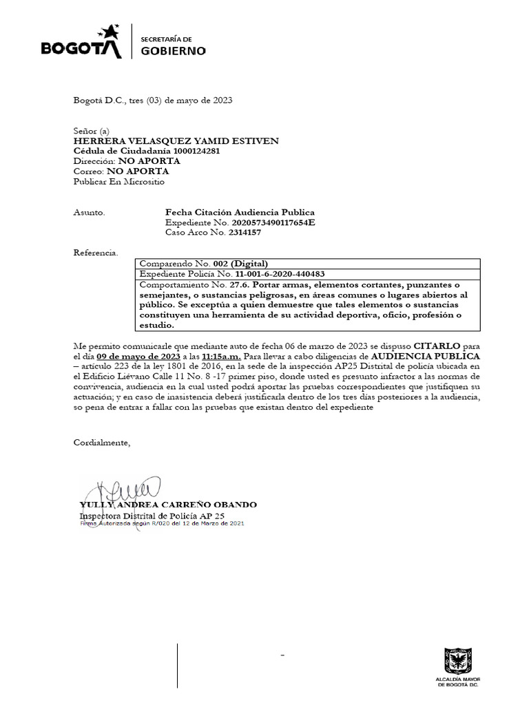 Herrera Velasquez Yamid Estiven Citaciones 09 05 23-18 | PDF