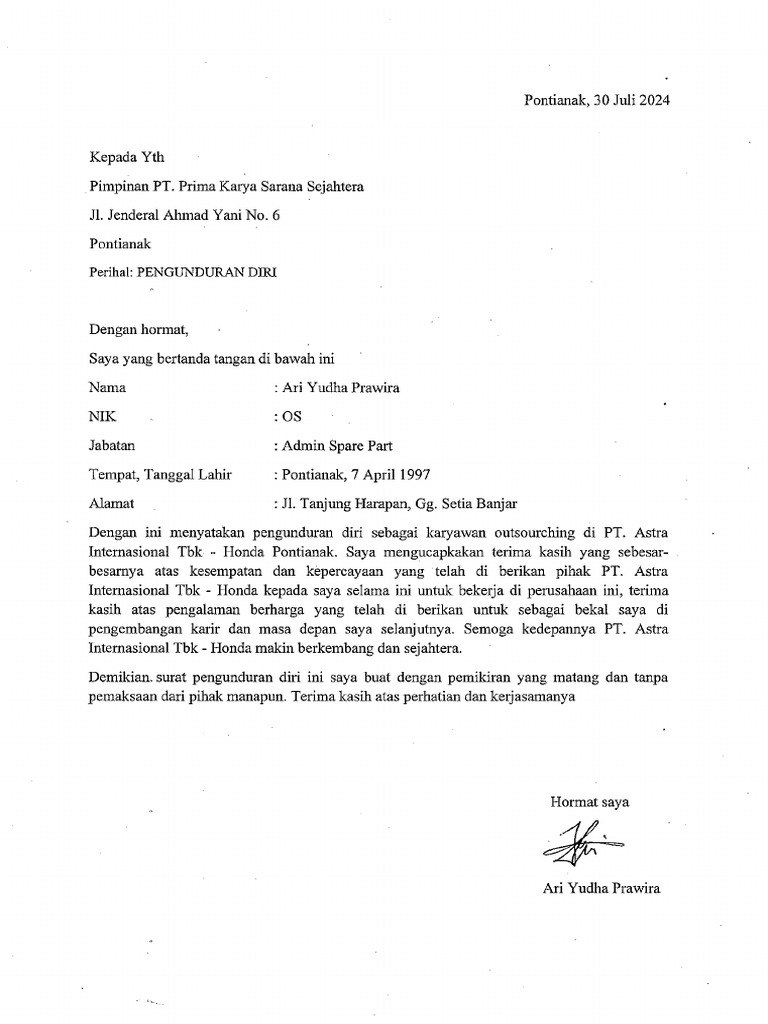 Surat Pengunduran Diri-Ari Yudha Prawira-Admin Part 2 | PDF