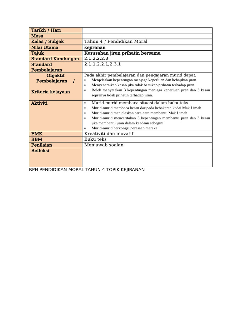 RPH Pendidikan Moral THN 4sk | PDF