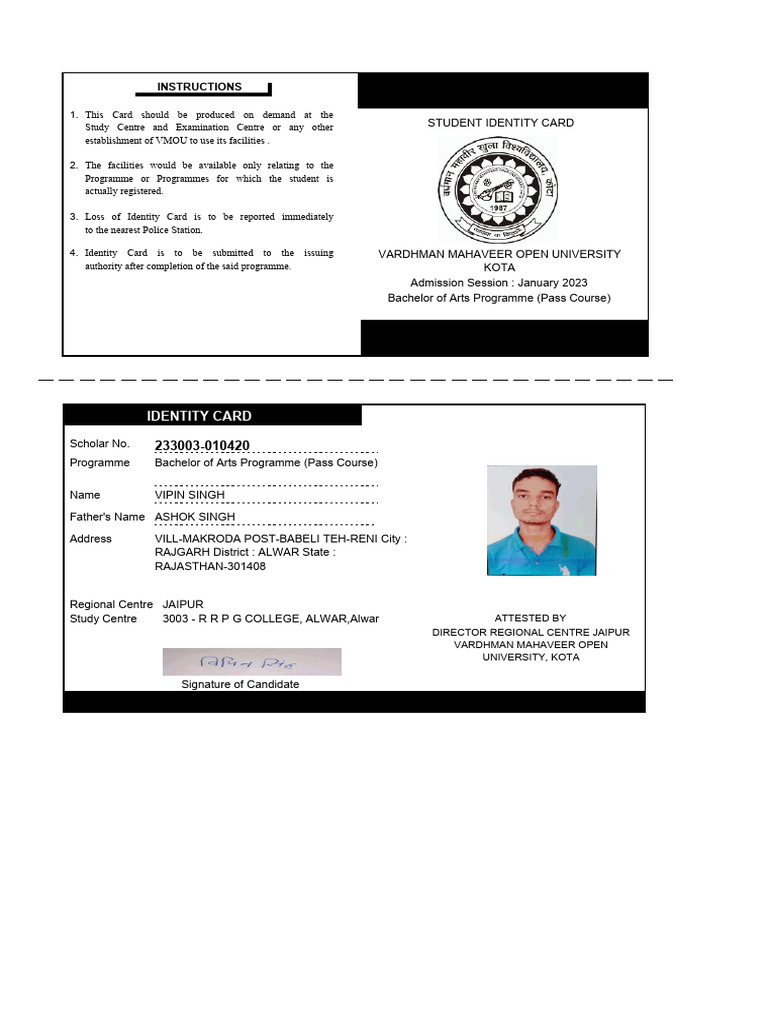 VMOU Student Identity Card Instructions | PDF