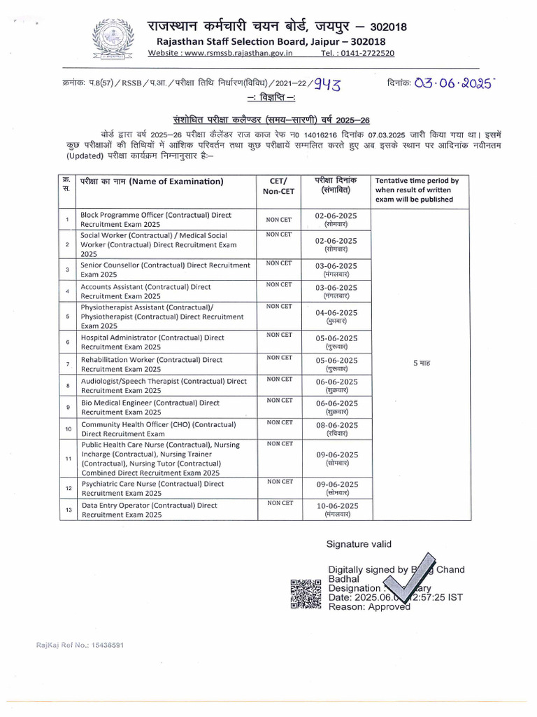 RSSB Revised Exam Calendar | PDF