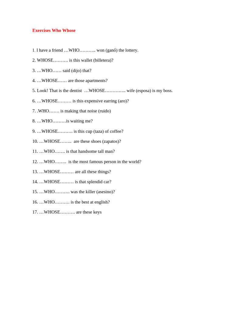 Who and Whose Exercises PDF | PDF