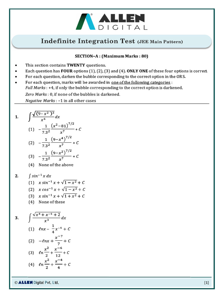 Ex.(JM)-Indefinite Integration Question paper | PDF