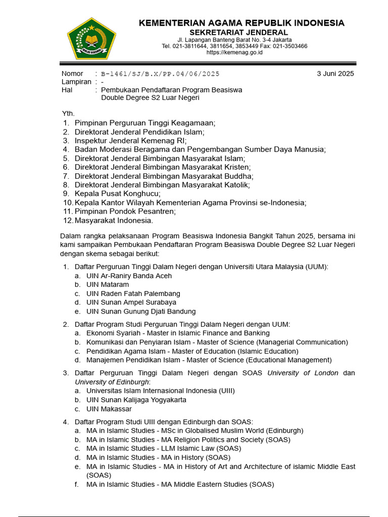 Surat Pemberitahuan Pembukaan Program Beasiswa Double Degree S2 Luar ...