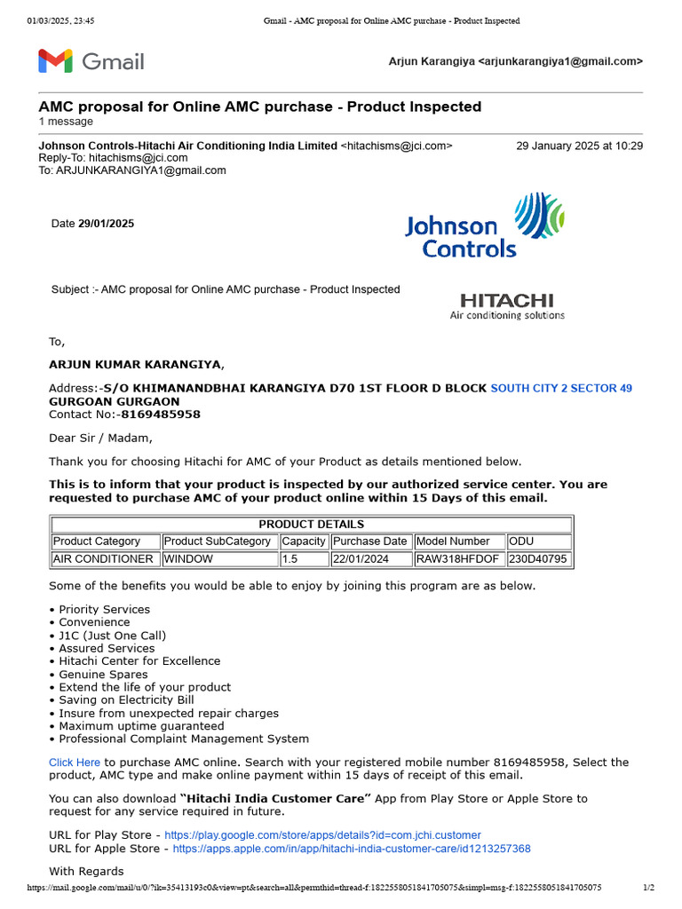 Gmail - AMC Proposal For Online AMC Purchase - Product Inspected | PDF