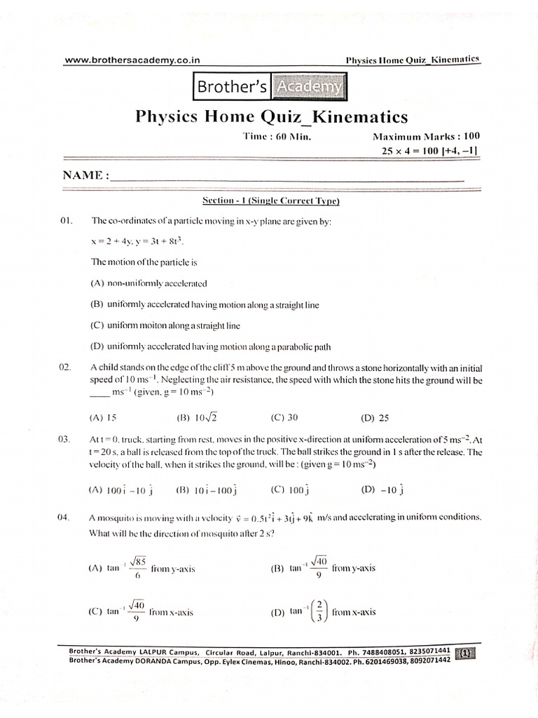 Kinematics Quiz | PDF