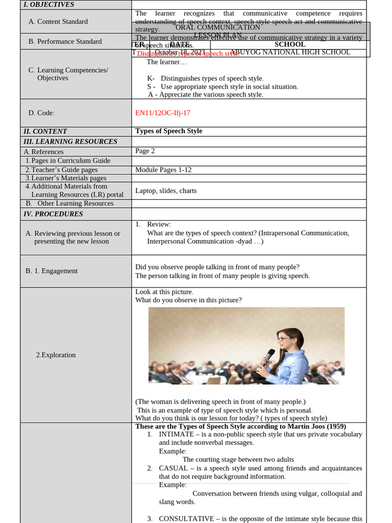 Grade 11 Oral Communication Lesson Plan | PDF | Communication | Learning