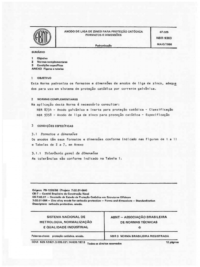 ABNT NBR 9363 Formato e Dimensões Anodos ZN | PDF