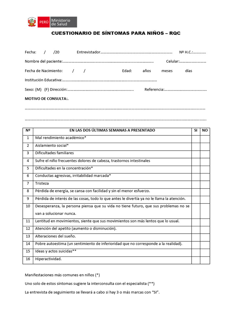 Cuestionario de Sintomas para Niños - RQC | PDF