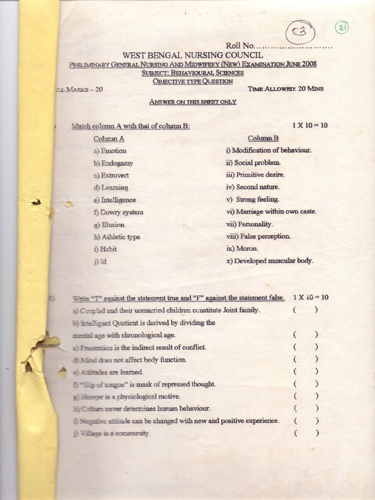 2008 June Behavioural Sciences Objective | PDF