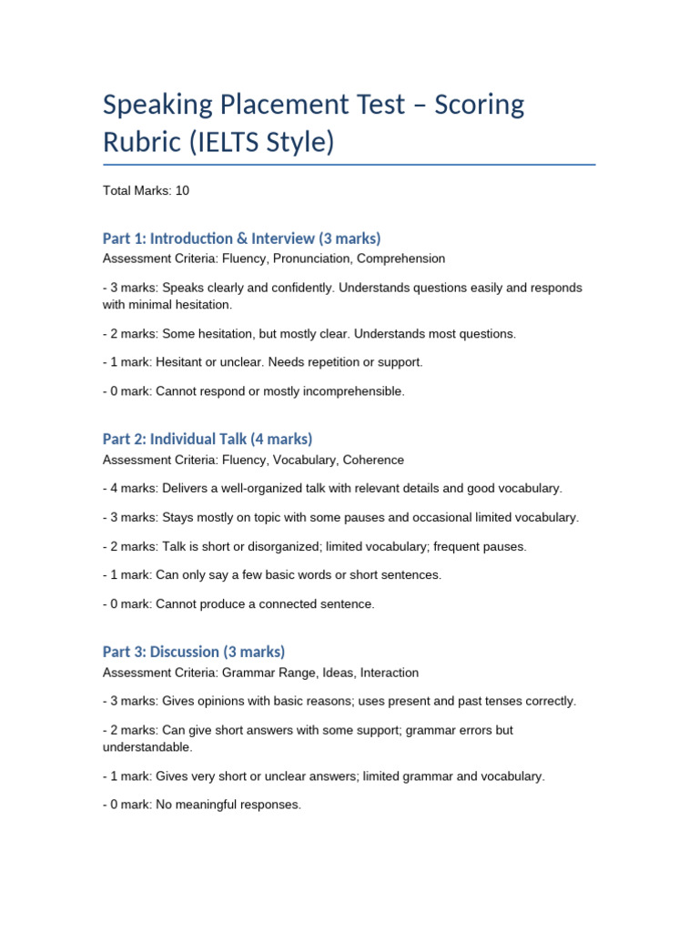 Speaking Test Scoring Rubric | PDF