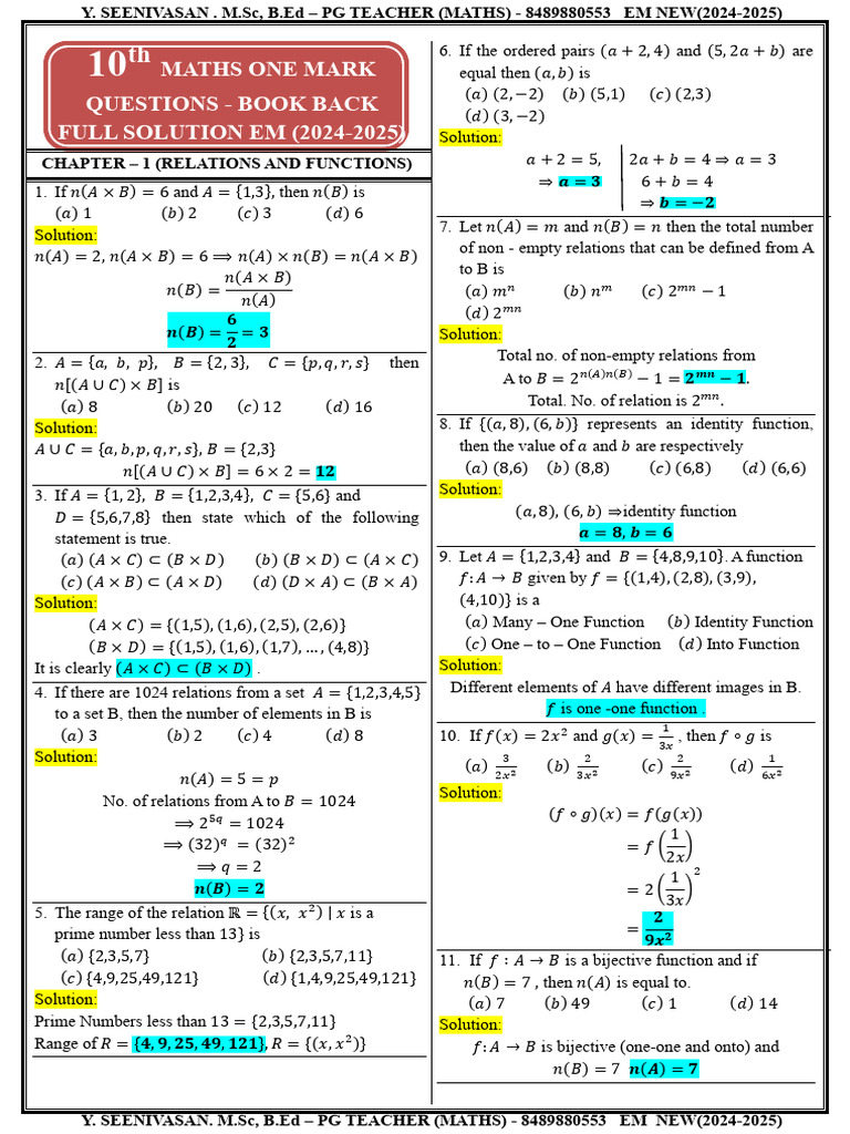 10th Maths One Mark Questions PDF | PDF | Function (Mathematics ...