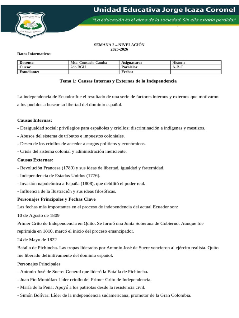 Actividades s2 de Nivelación - 2do Historia | PDF