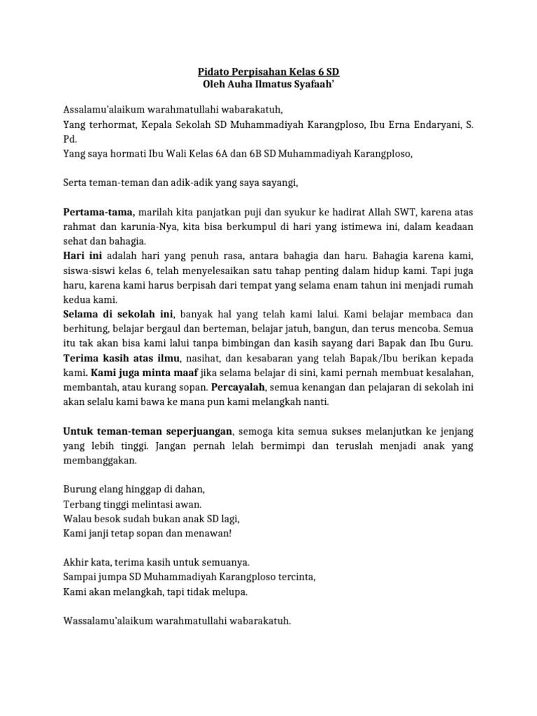 Pidato Perpisahan Kelas 6 SD-Ilma | PDF