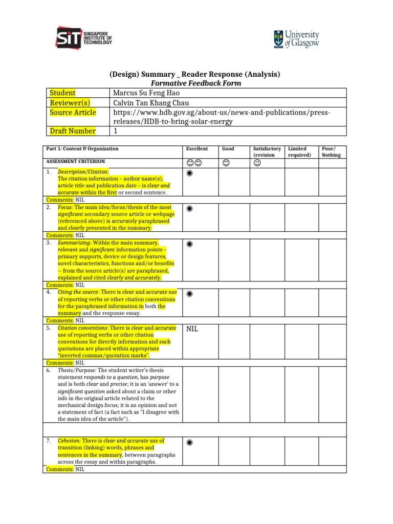Summary - Reader Response - Formative Feedback Form | PDF | Argument ...