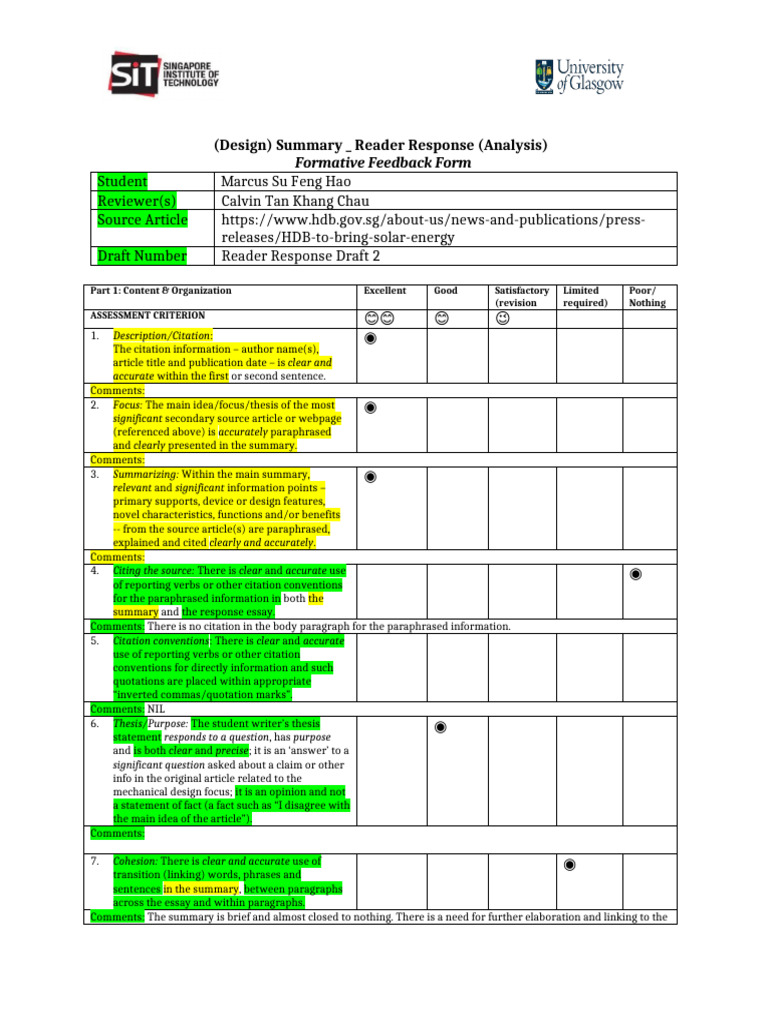 Reader Response Feedback Form | PDF | Critical Thinking | Essays