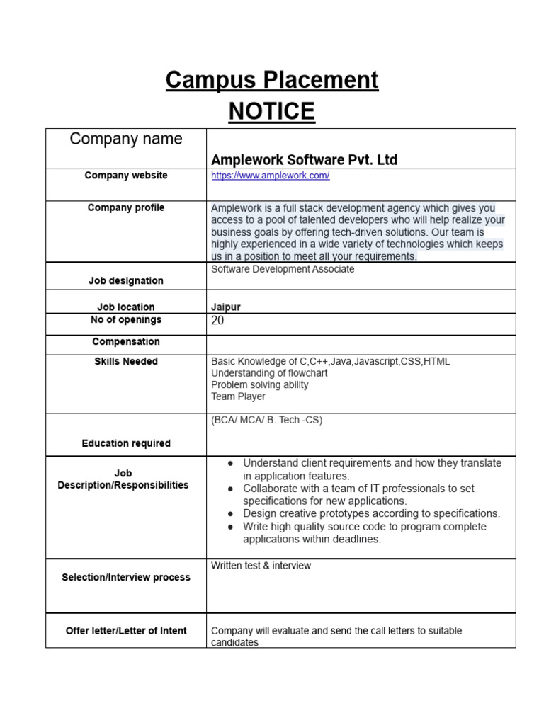 Campus Placement Notice: Company Name | PDF
