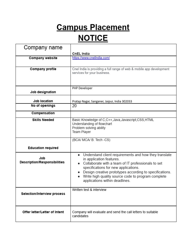 Campus Placement Notice: Company Name | PDF