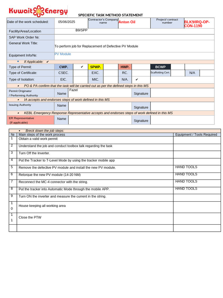 Method_Statement replacement of PV Module | PDF | Electronics ...