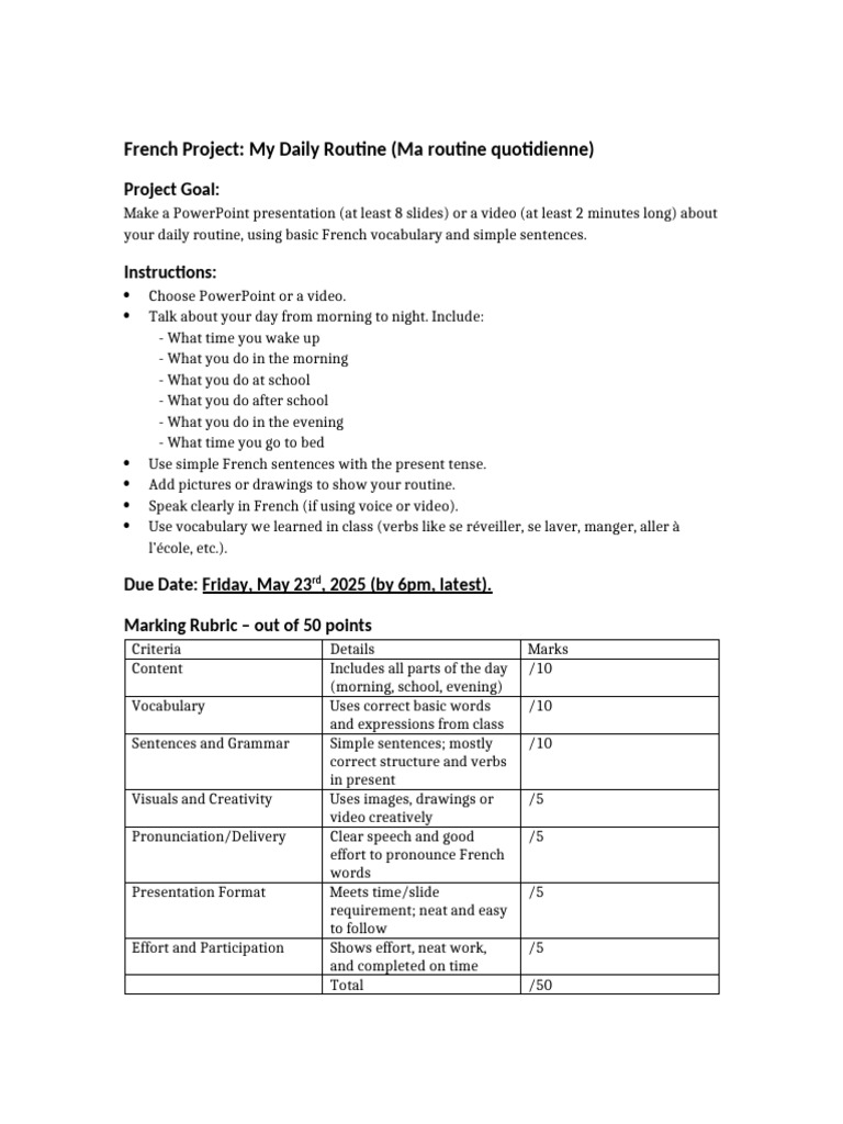 French Project Daily Routine A1 | PDF