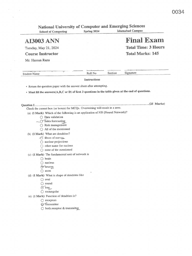 ANN Final Exam (Spring-2024) | PDF