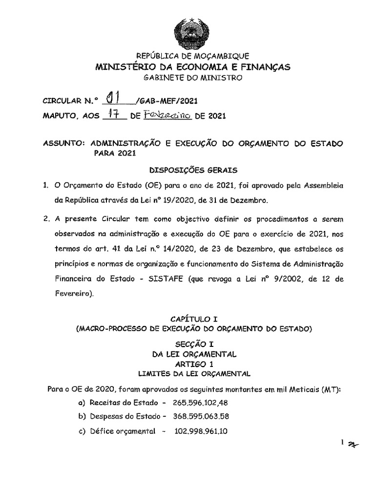 Circular 01 GAB MEF 2021 17 Fev Execucao ADM OE 2021 | PDF