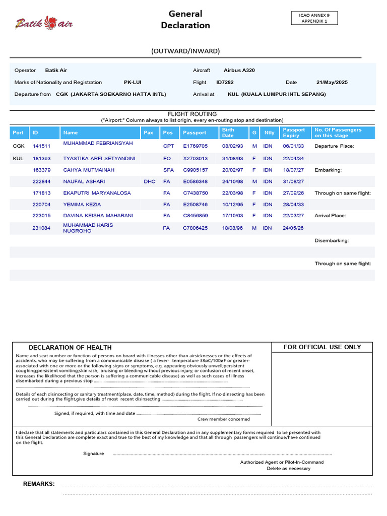 Gendec Crew Id 7282 - Id 7283 Cgk-Kul-Cgk 21 May 2025 | PDF | Aviation ...