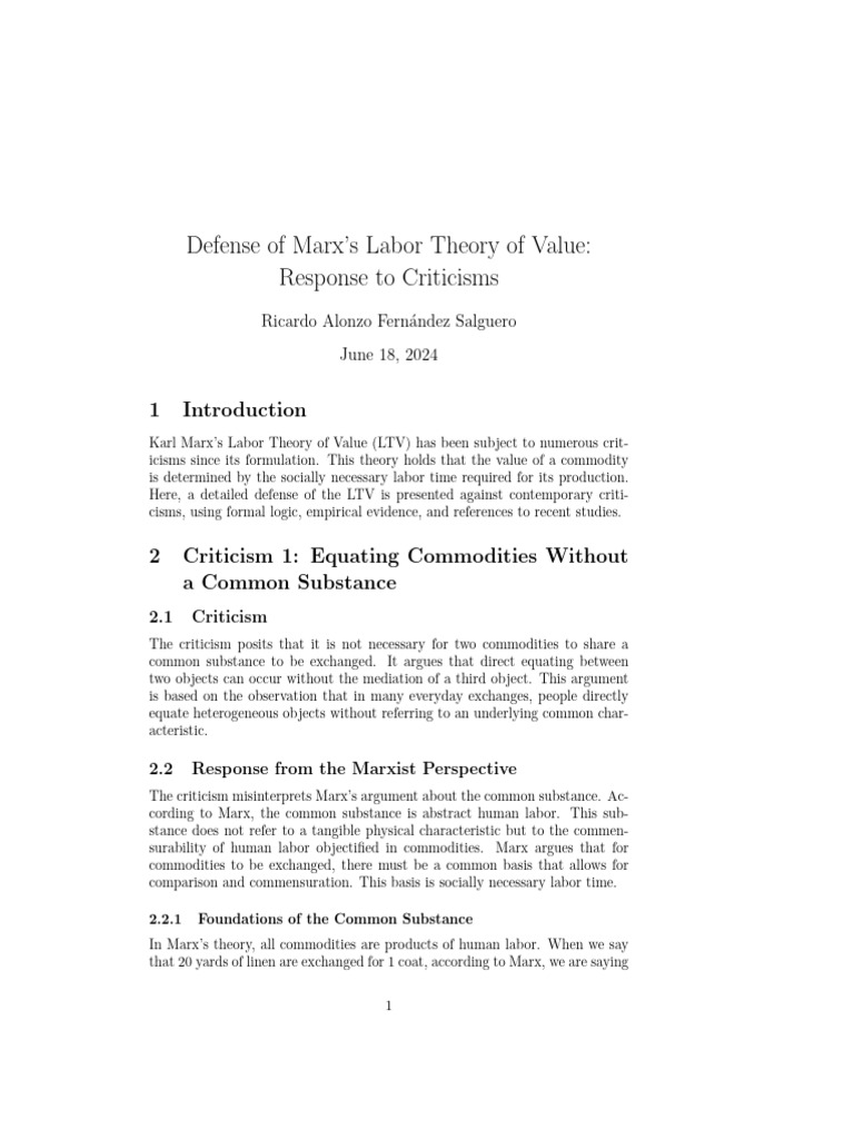 Defense of Marxs Labor Theory of Value R | PDF | Value (Economics ...