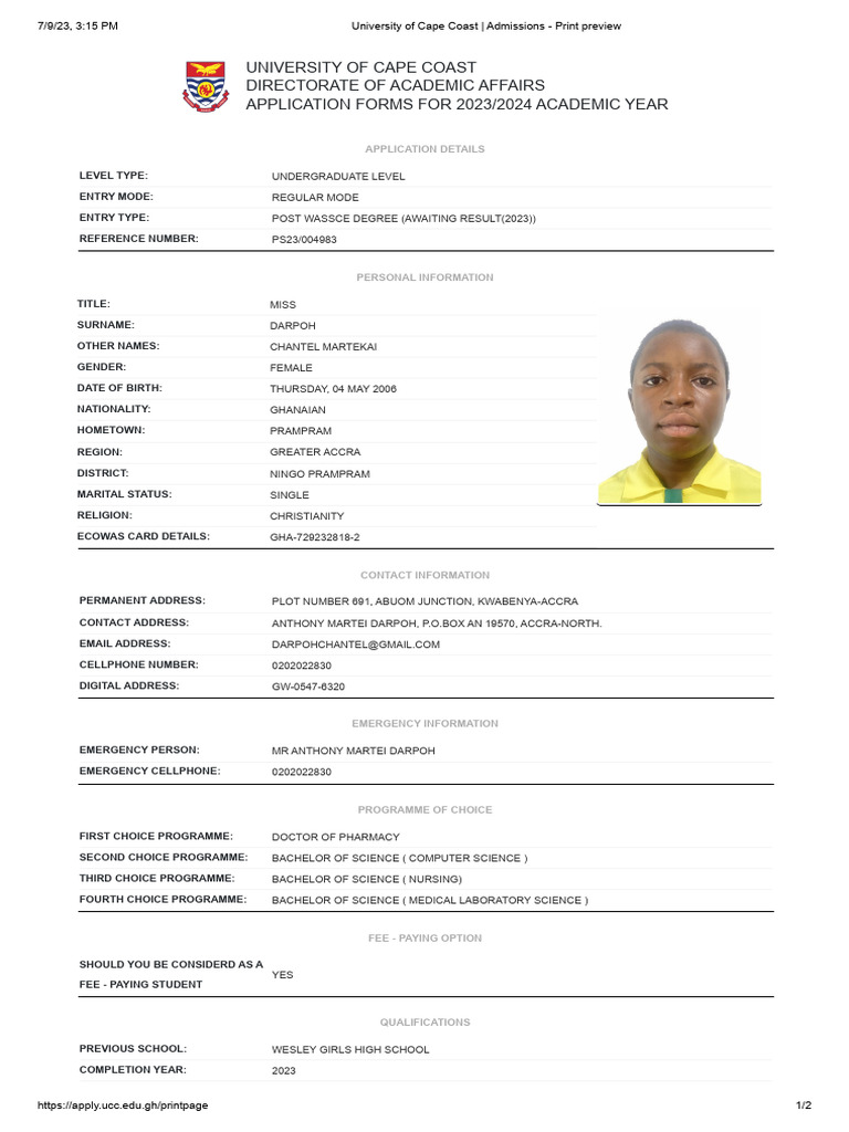 University of Cape Coast - Admissions - Print Preview | PDF