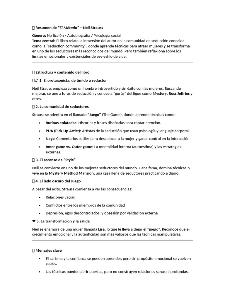 Resumen de "El Método" de Neil Strauss | PDF