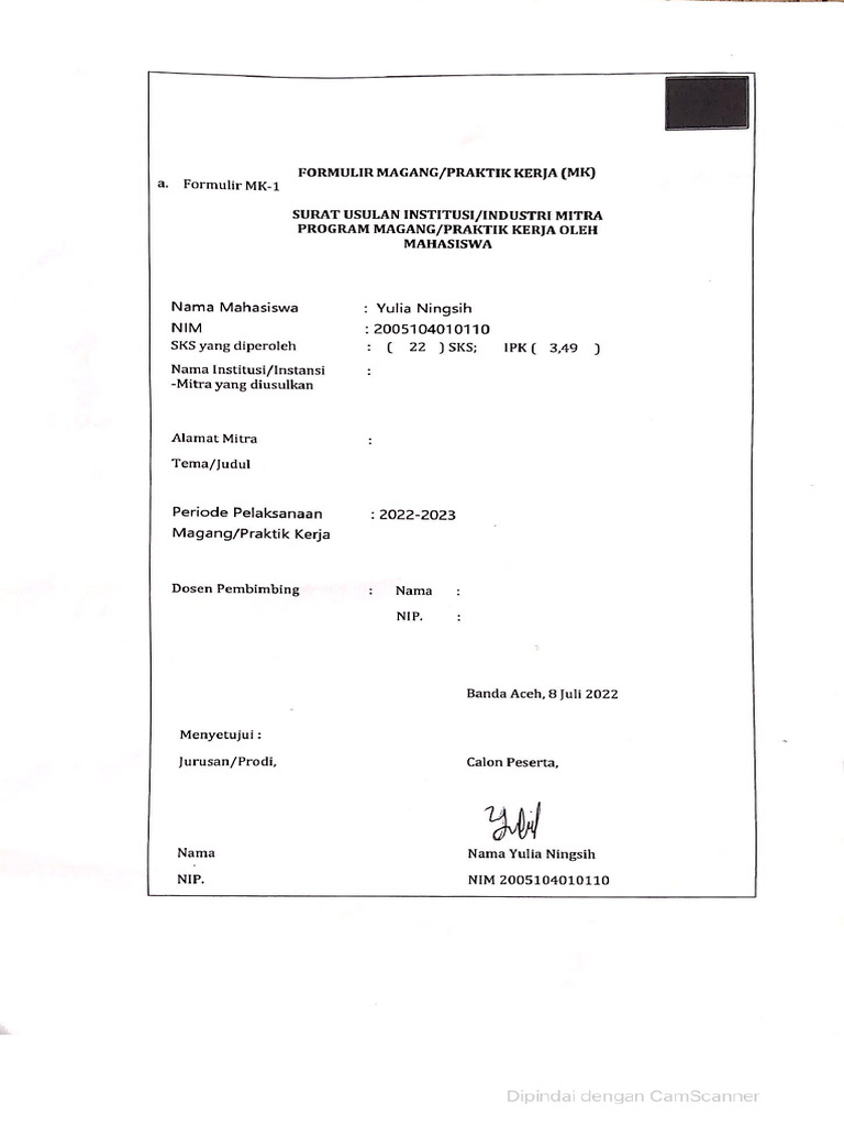 Formulir Magang Yulia Ningsih | PDF